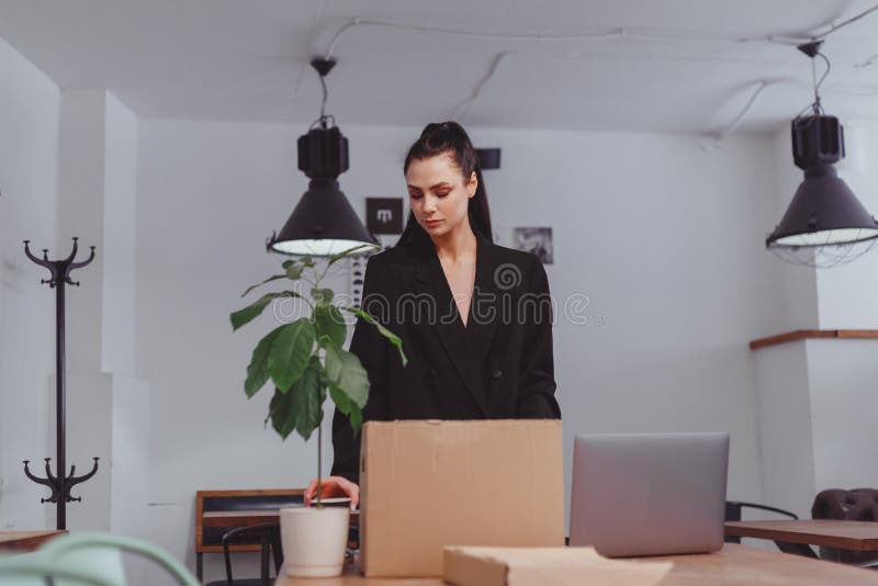 Dismissed Woman Packing Personal Stuff into Box in Office Stock Photo ...