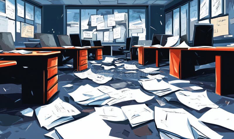 Disordered Office Space with Scattered Papers, Empty Chairs, and ...