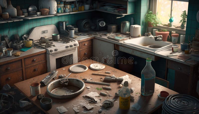 Disorganized Kitchen Depicts a Chaotic and Messy Room. Table with Messy ...