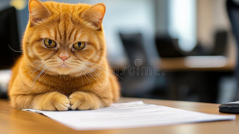 In a Disorganized Office Filled with Papers, the Angry Fat Cat Sits ...
