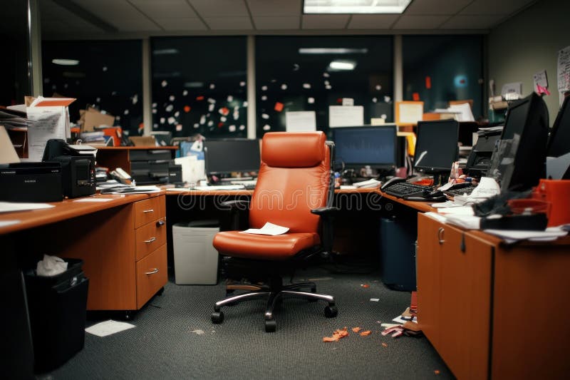 Disorganized Office Space with Empty Chair Stock Image - Image of desk ...