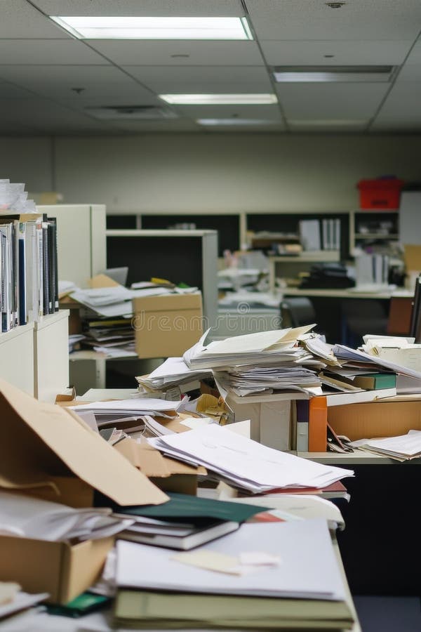 Disorganized Office Space Reflecting Inefficiency and Chaos in a Busy ...