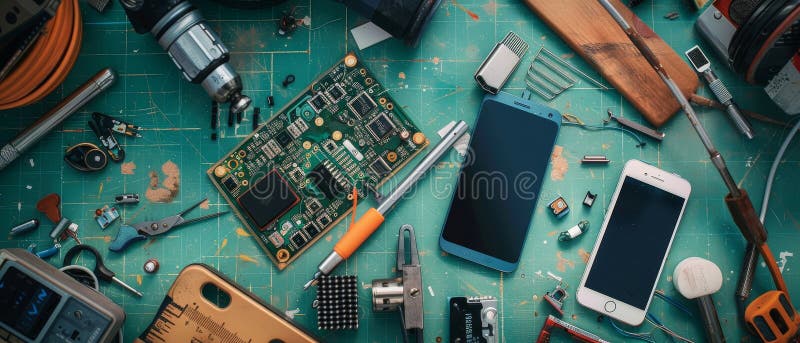 A Disorganized Table with Various Electronic Devices and Tools. Scene ...