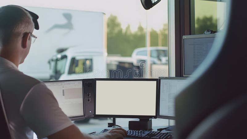 Dispatcher Overseeing Logistics Fleet with Blank Computer Screen for ...