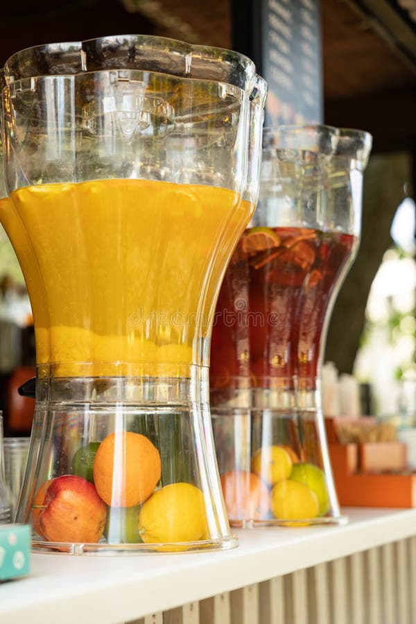Dispensers with Different Cooling Drinks in a Restaurant Stock Photo ...