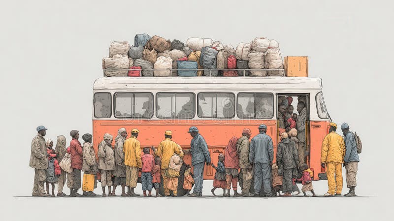 Displaced People Loading Aid Onto Bus for Support and Assistance ...