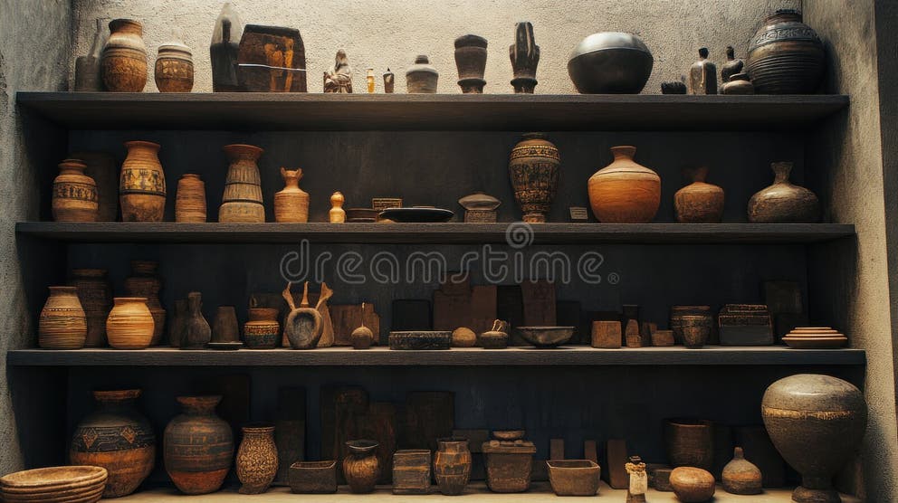 Display of Ancient Pottery and Artifacts on Shelves Stock Illustration ...