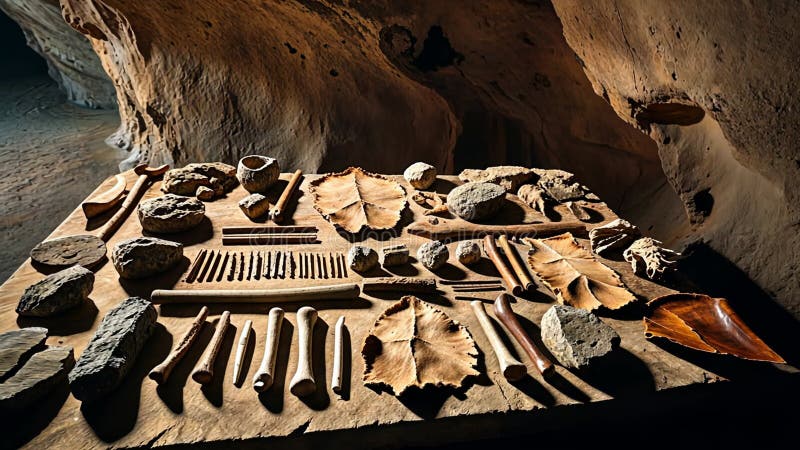 Display of Ancient Tools and Artifacts Showcased in a Cave Setting ...