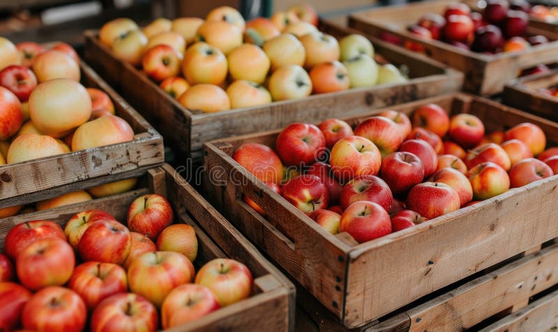 Display of Apples in a Wooden Crate at a Market Stock Image - Image of ...