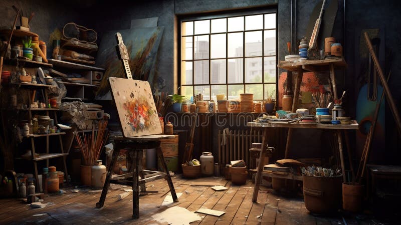 A Display of an Art Studio and Studio Equipment Stock Illustration ...