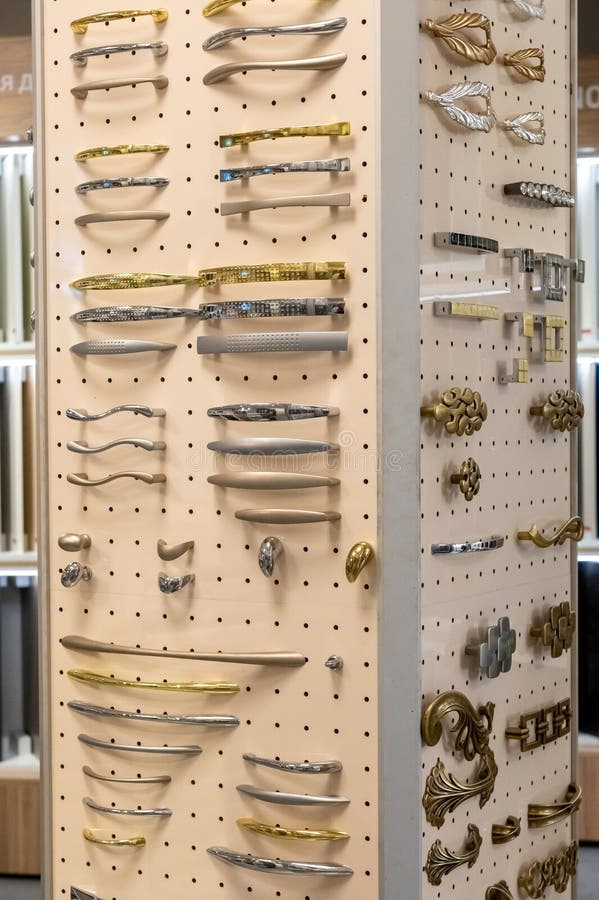 Display of Assorted Cabinet Handles and Knobs on Pegboard. Interior Design and Hardware ...
