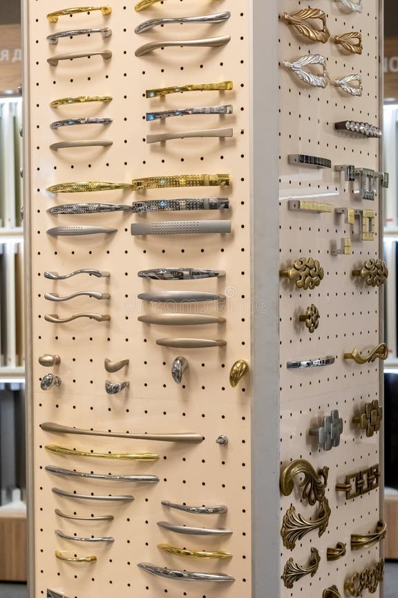Display of Assorted Cabinet Handles and Knobs on Pegboard. Interior ...