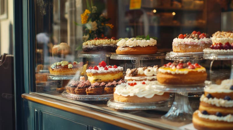 Display of Assorted Cakes and Pastries in a Bakery Window Stock ...