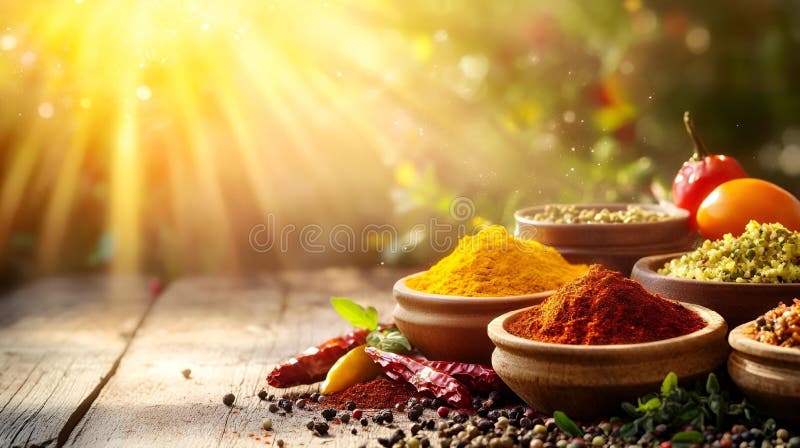 Display of Assorted Spices in Wooden Bowls on a Rustic Table Under ...