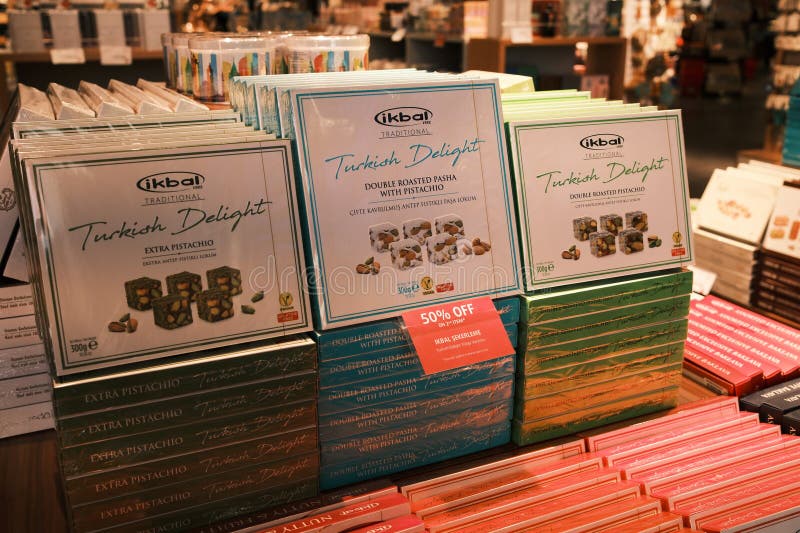 A Display of Assorted Turkish Delight Boxes, Featuring Flavors Like ...