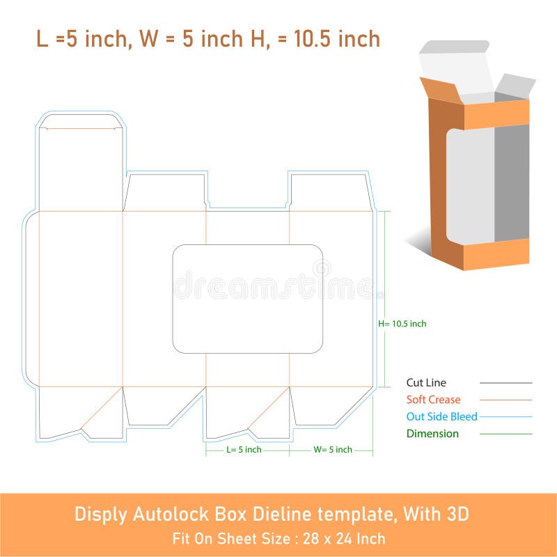 Display Auto Lock Box Dieline Template and 3D, Vector File Stock Vector ...