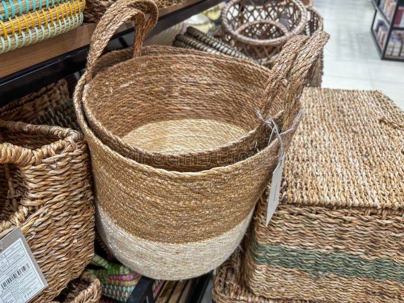 A Display of Baskets and Baskets of Different Sizes and Colors Stock ...