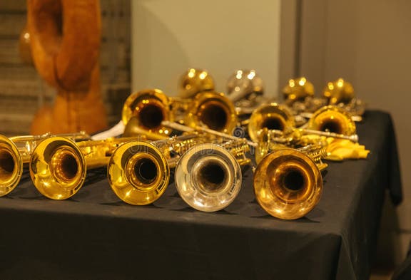Display of Brass Musical Instruments on Black Table Editorial Image ...