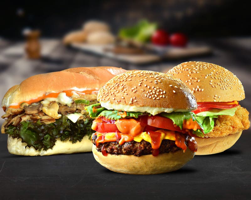 Display of Burgers and Sandwhich Stock Photo - Image of cooking, focus ...