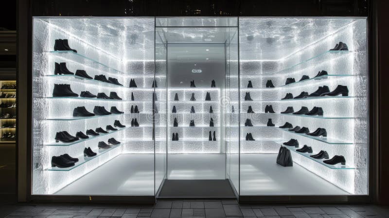 Display Case of Black Leather Shoes in Modern Retail Store Stock ...