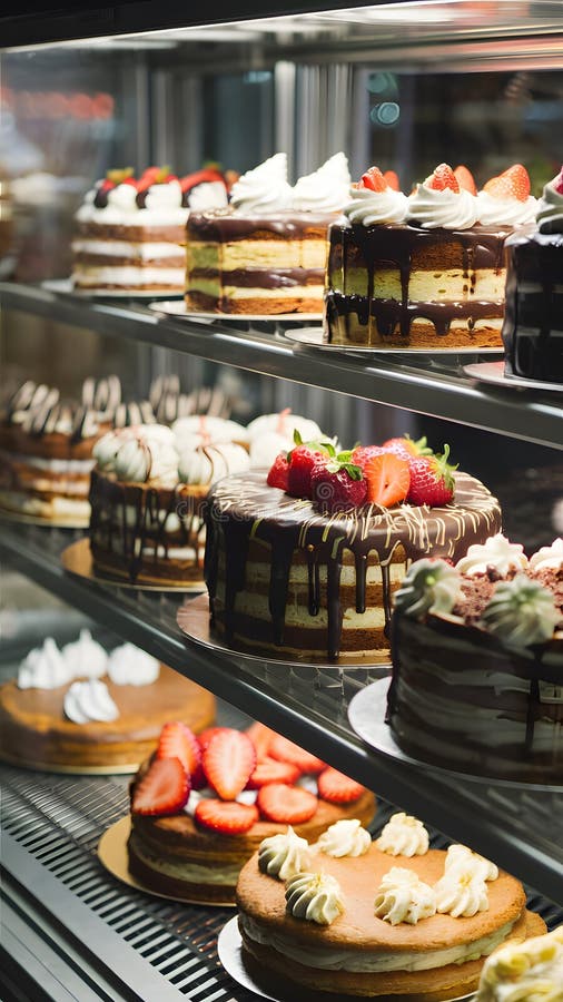 Display Case Filled with Assorted Layered Cakes and Pastries in Bakery ...