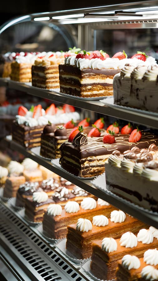 Display Case Filled with Assorted Layered Cakes and Pastries in Bakery ...