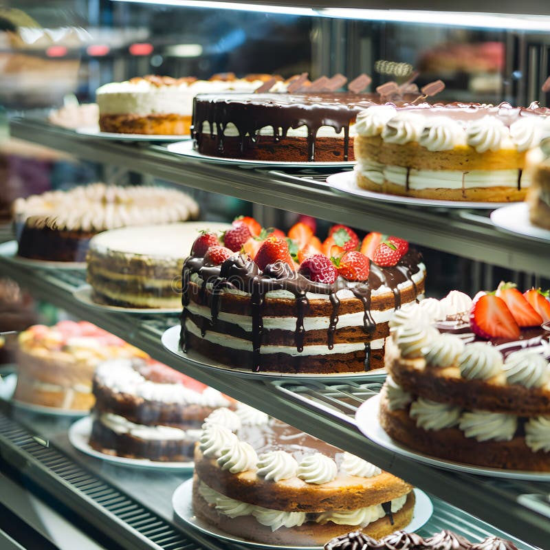 Display Case Filled with Assorted Layered Cakes and Pastries in Bakery ...