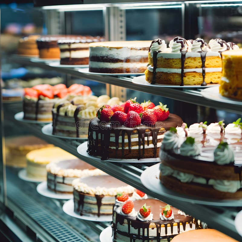 Display Case Filled with Assorted Layered Cakes and Pastries in Bakery ...