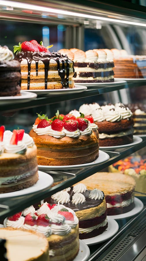 Display Case Filled with Assorted Layered Cakes and Pastries in Bakery ...