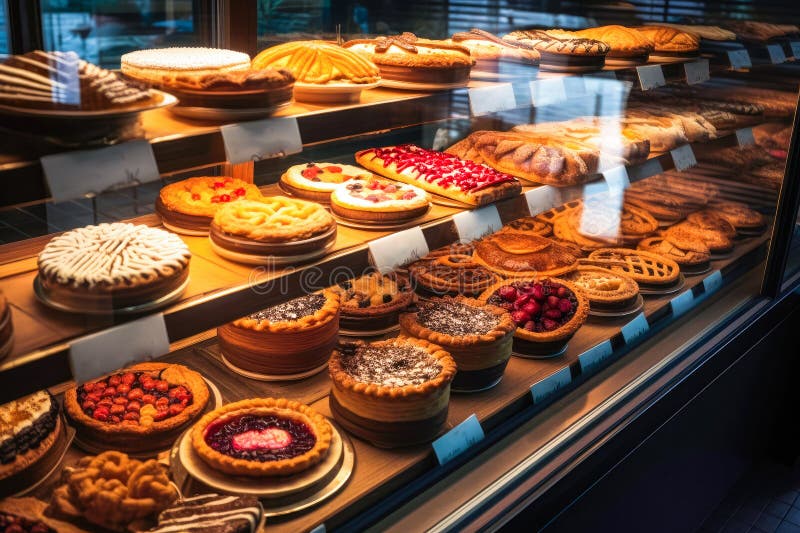 Display Case Filled with Lots of Different Types of Cakes,. Tarts and ...