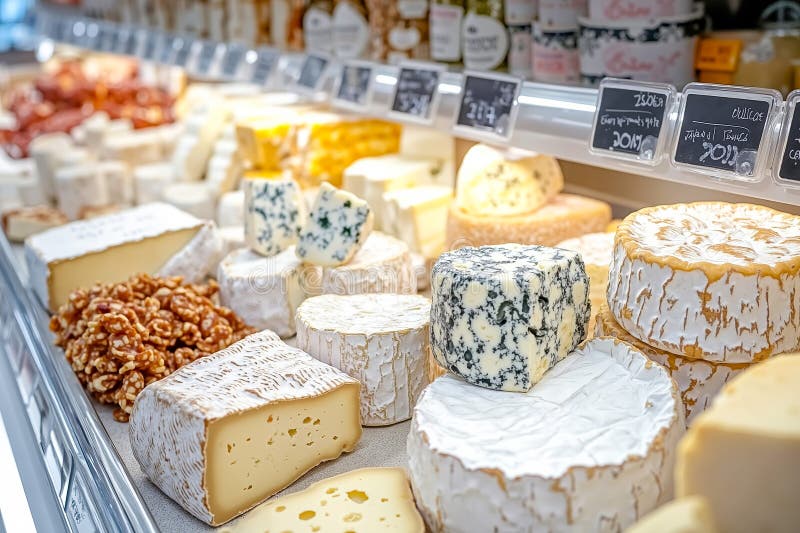 A Display Case Filled with Lots of Different Types of Cheese Stock ...