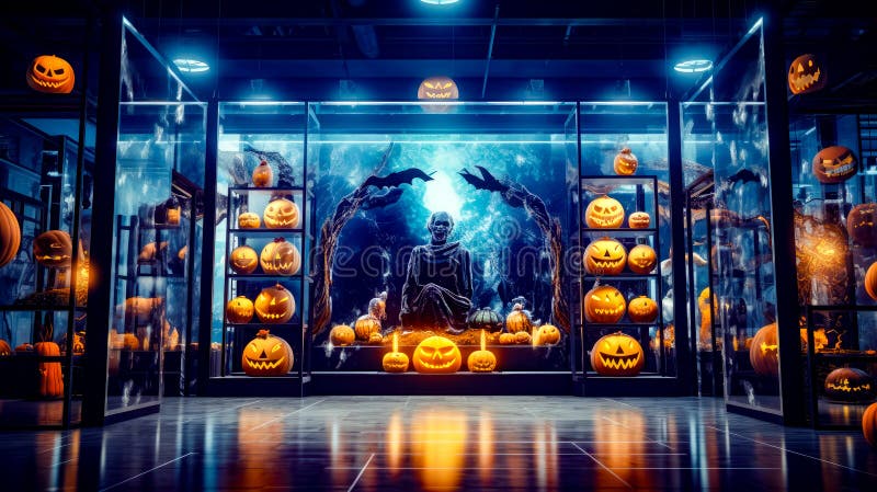 Display Case Filled with Pumpkins and Skeleton Sitting on Top of it ...