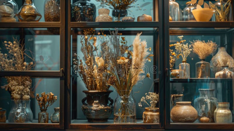 A Display Case Filled with Various Vases and Plants Stock Photo - Image ...