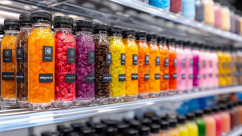 Colorful Bottled Beverages Display in a Shop Stock Illustration ...