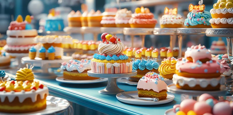 A Display of Colorful Cakes and Pastries on a Blue Counter Stock ...
