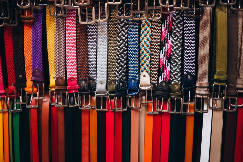 Display of Colorful Handmade Leather Belts. Many Leather Belts on the ...