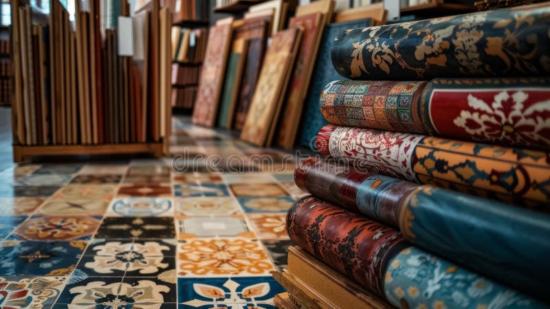 Display of Colorful Linoleum Flooring Samples in a Home Improvement ...