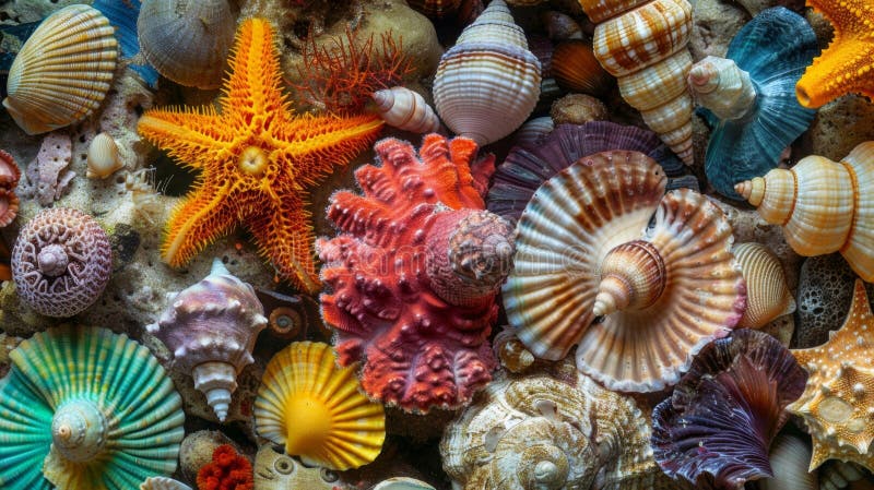 A Display of Colorful Seashells and Corals Collected from Different ...