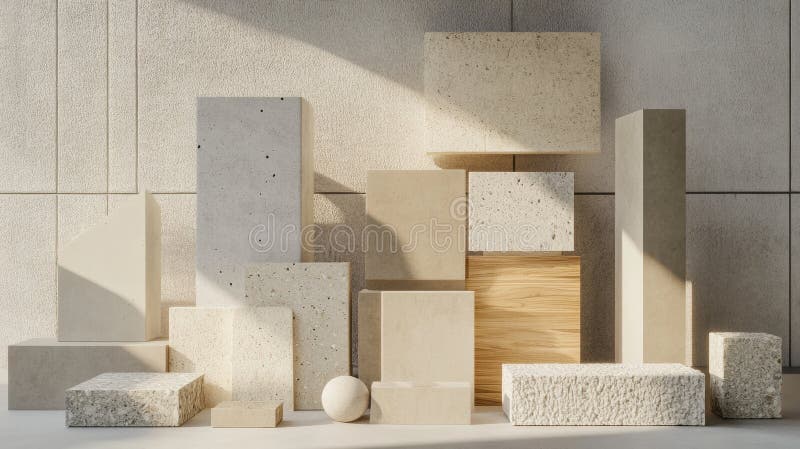 Display of Construction Materials Showcasing Bricks, Wood, and Concrete ...