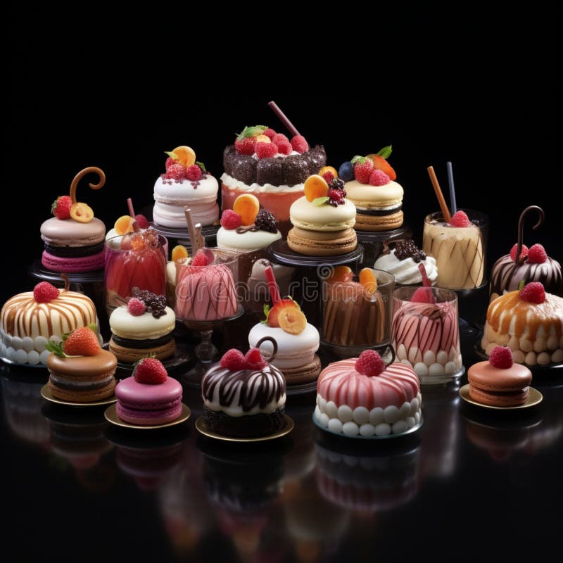 Display of Different Cakes on Black Background, a Decadent Assortment ...