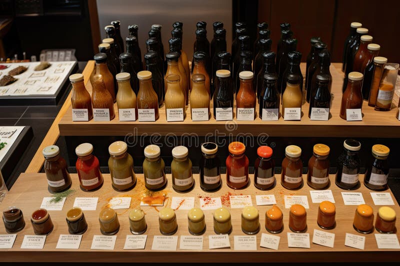 Display of Hot Sauces, Fruit and Juices on Wooden Table. Generative Ai ...