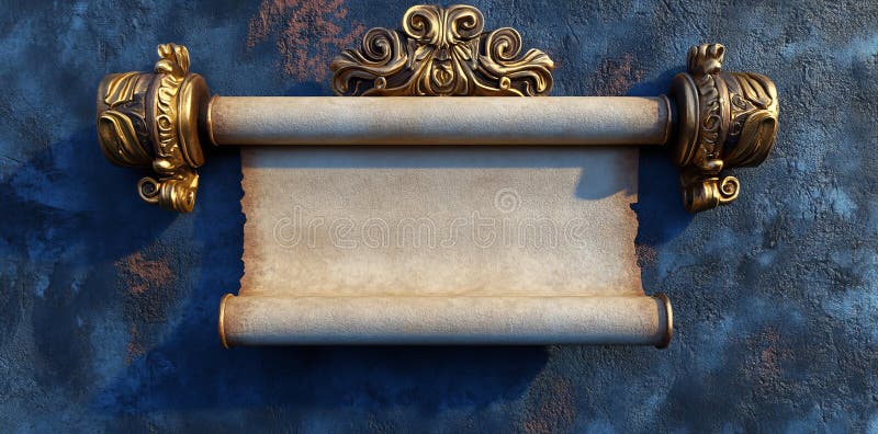 The Display Features an Ancient Scroll with Elaborate Scrollwork Set ...