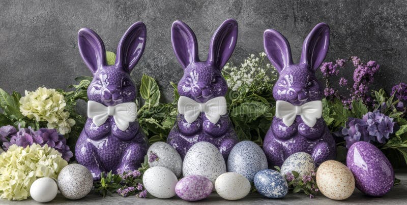 A Display Featuring the Easter Bunny and Eggs Includes Three Ceramic ...