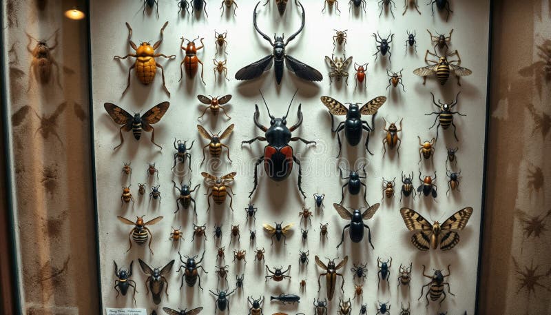 A Display Featuring Various Insect Types Arranged on a Wall Stock Image ...