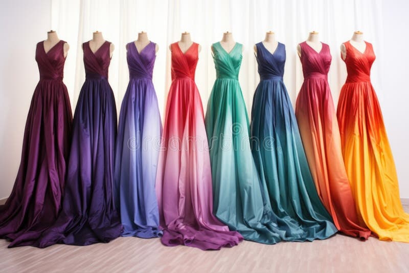 Display of Finished Evening Gowns in Color Gradient Order Stock Image ...