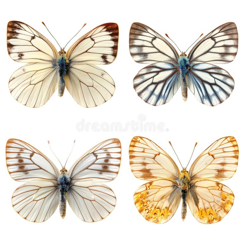 Four Butterflies with Different Wing Colors on White Surface Stock ...