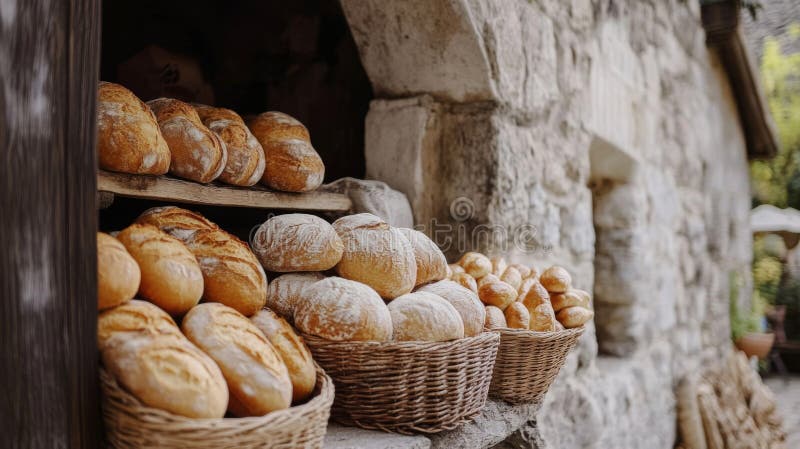 Display of Fresh Baked Bread Loaves in Wicker Baskets at Stone Bakery ...