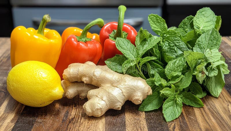 Display of Fresh Ginger and Lemongrass with Spices on a Rustic Wooden ...
