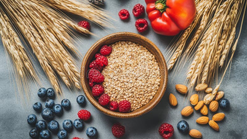 Display of Fresh and Healthy Foods Arranged on a Grey Background Stock ...
