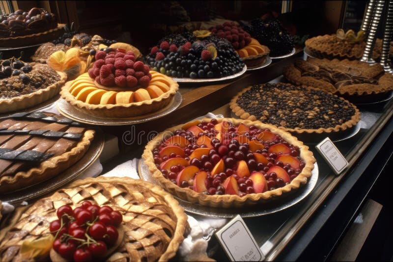 Display of Fruit Pies and Tarts in Bakery Window, Enticing Passersby ...